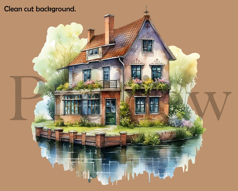 Watercolor Dutch Houses by the Lake Clipart Colorful Buildings PNG ...
