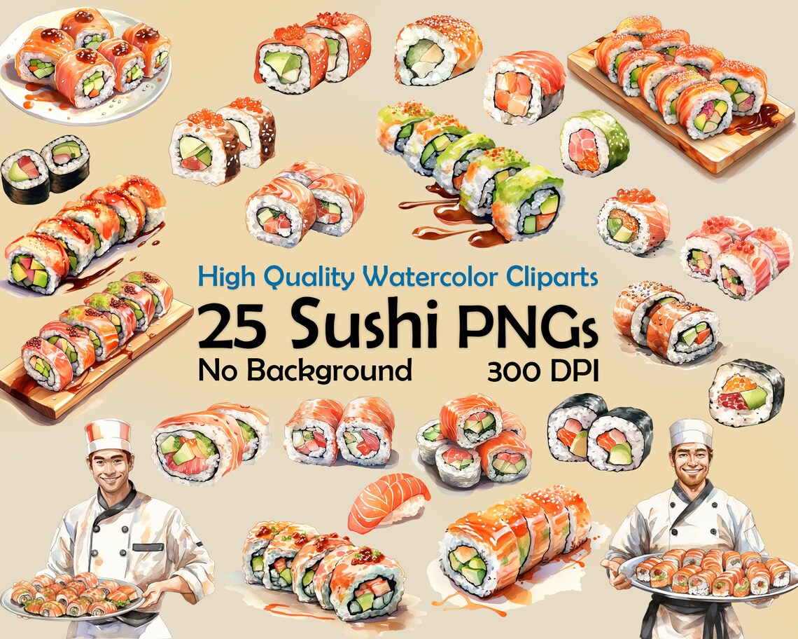 Watercolor Sushi Clipart Japanese Food PNG Digital Art Uramaki - Etsy