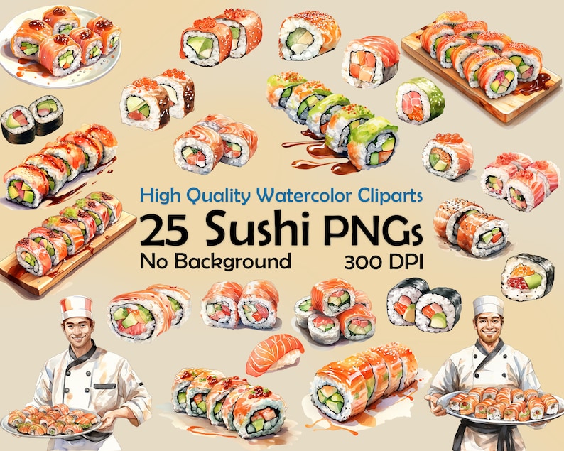 Watercolor Sushi Clipart Japanese Food PNG Digital Art Uramaki Maki ...