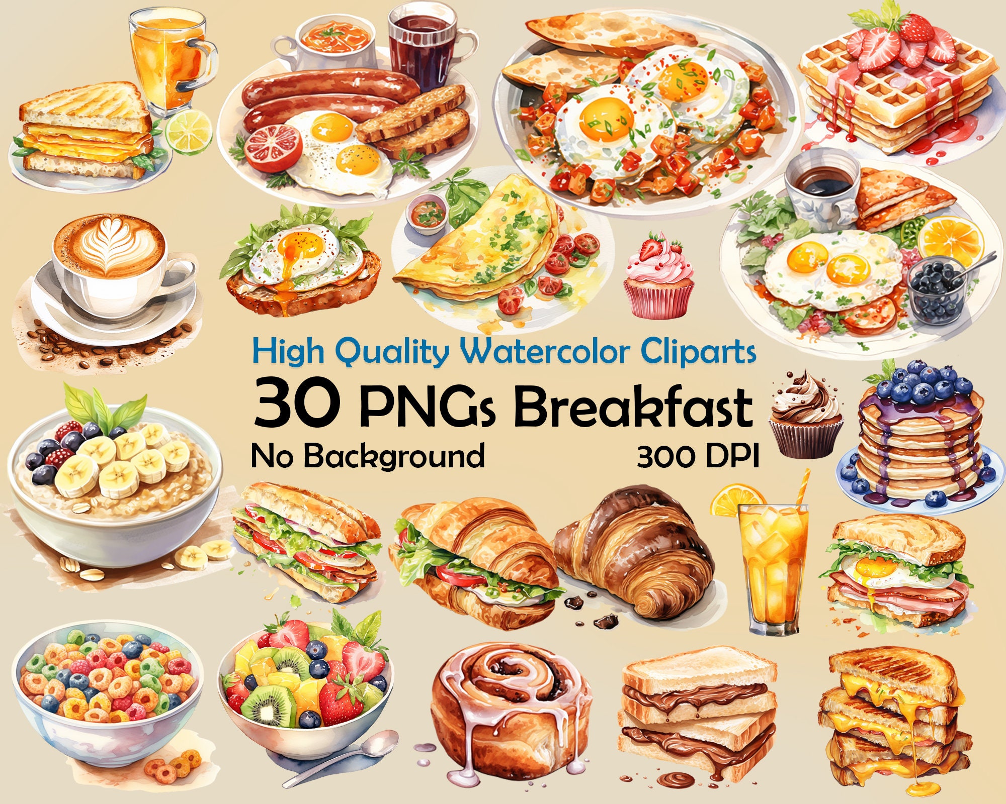 Watercolor Breakfast Clipart PNG Bundle Digital Art for Commercial Use ...