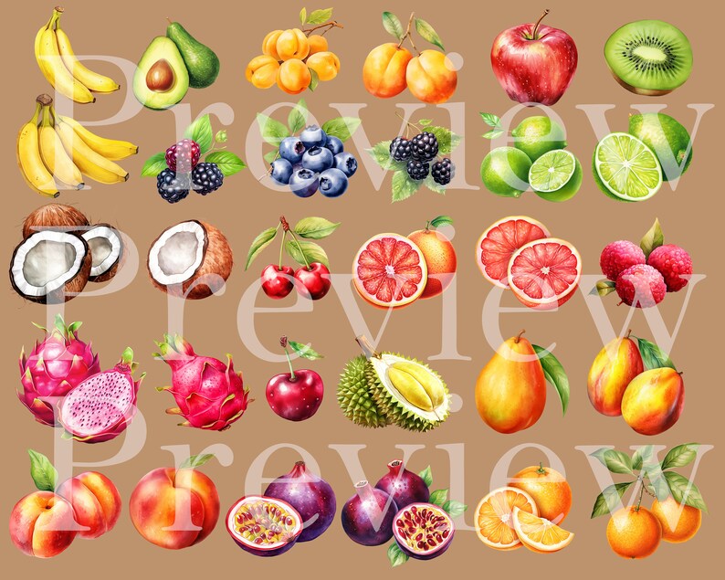 Watercolor Fruits Clipart Exotic Summer Fresh Fruits PNG Lemon - Etsy
