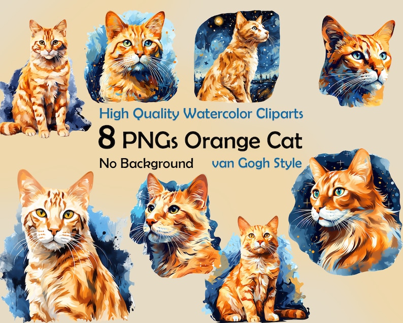 Watercolor Orange Cat Clipart: Van Gogh Style (PNG Digital Download) - Etsy