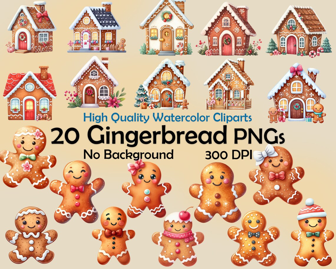 Watercolor Gingerbread House Clipart Gingerbread Man Cookies - Etsy