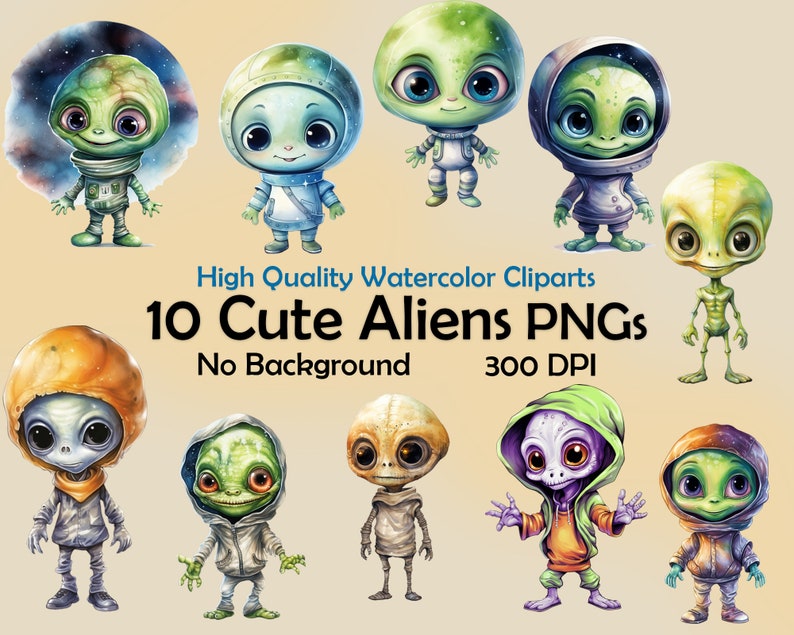 Watercolor Cute Alien Clipart Ufo PNG Funny Aliens Digital Art ...