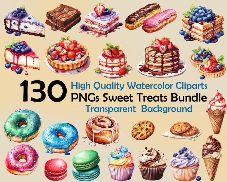 Sweet Treats Watercolor Clipart Bundle Tasty Desserts PNG Ice Cream ...