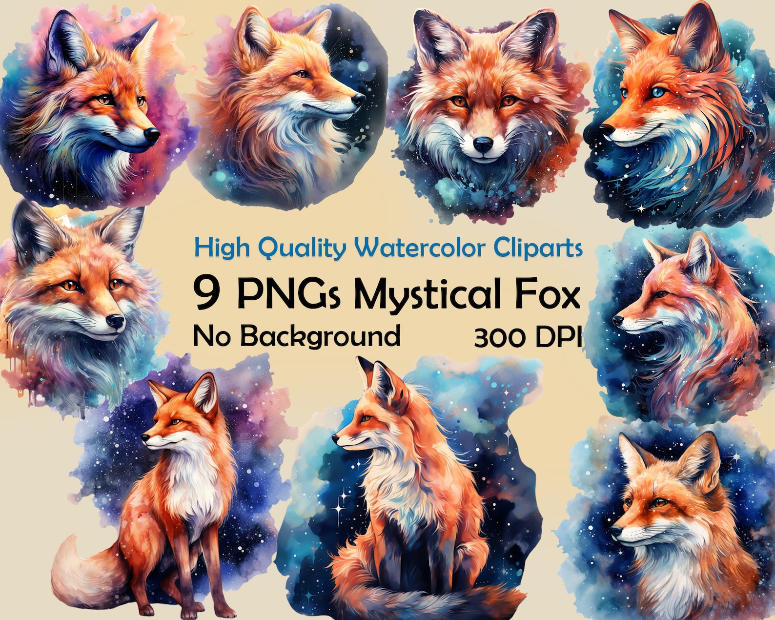 Mystical Fox Clipart Fantasy Illustration Watercolor Woodland Animal ...