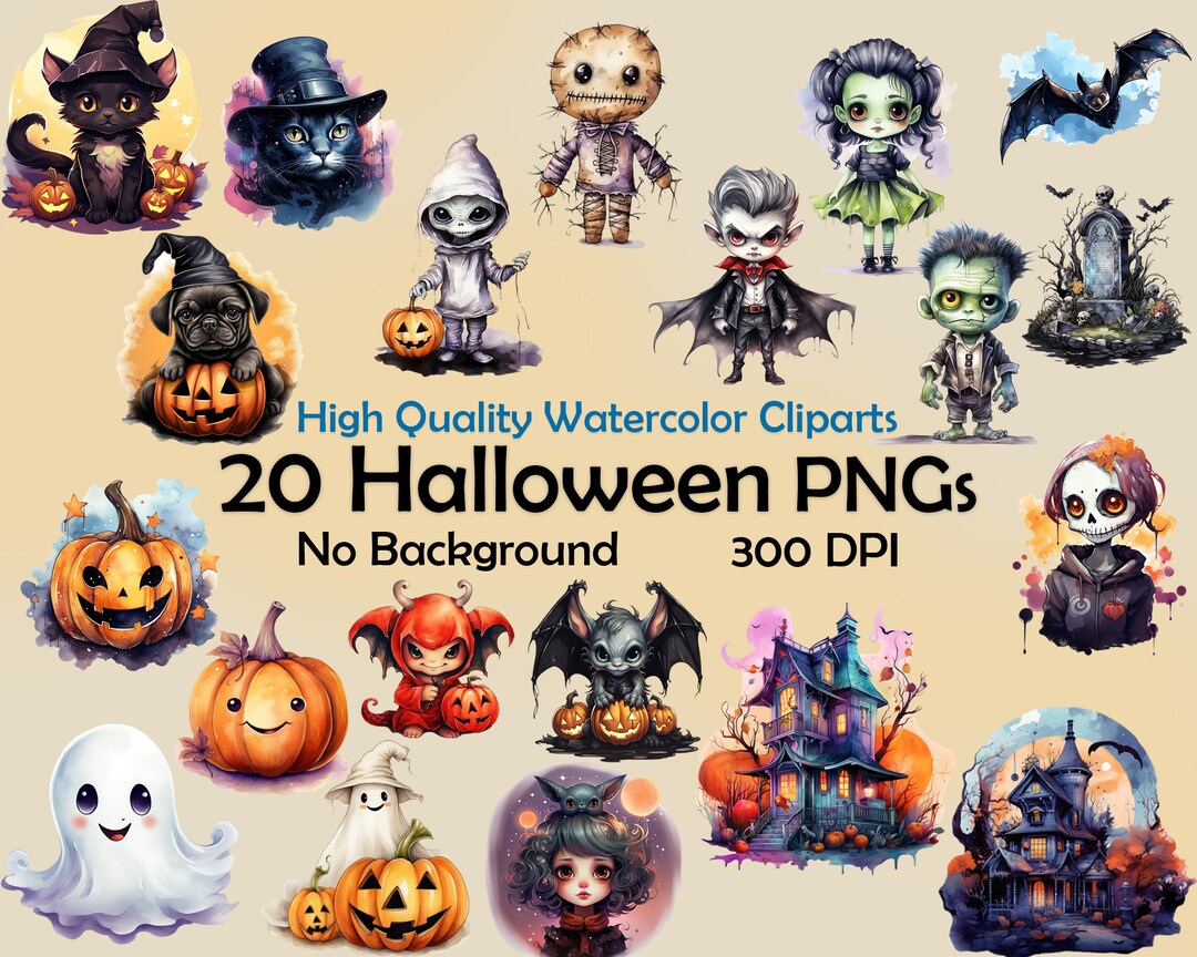 Watercolor Cute Halloween Clipart Monsters PNG Digital Art, NO ...