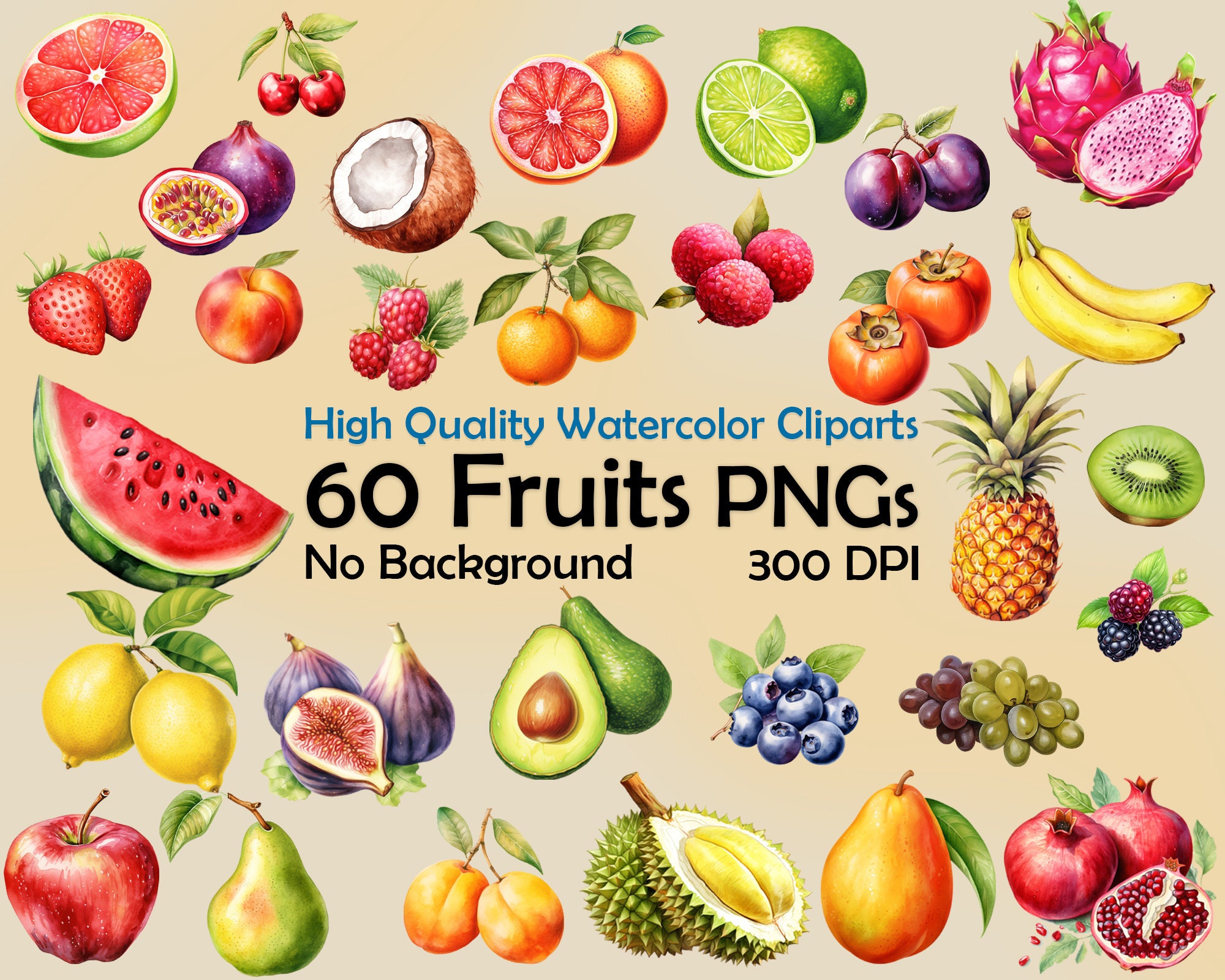 Watercolor Fruits Clipart Exotic Summer Fresh Fruits PNG Lemon ...