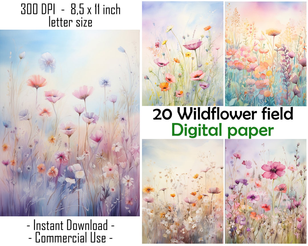 Printable Watercolor Wildflower Field Digital Paper Meadow Digital Art ...