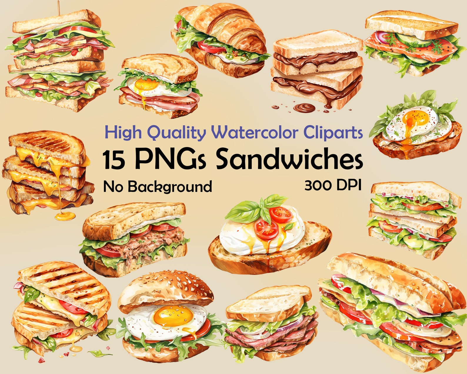 Watercolor Sandwiches PNG Bundle, Breakfast PNG Digital Download ...