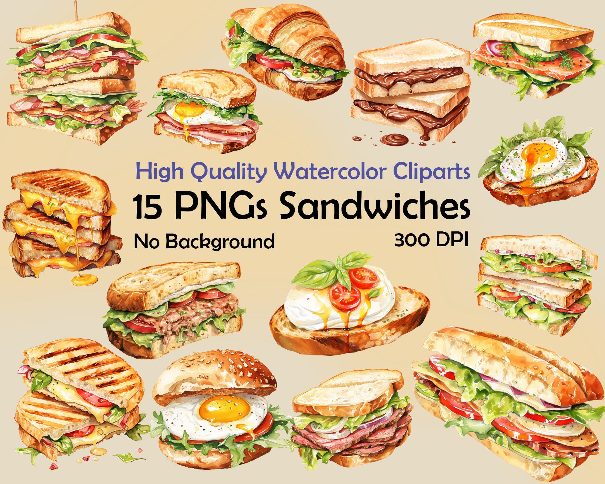 Watercolor Sandwiches PNG Bundle, Breakfast PNG Digital Download ...
