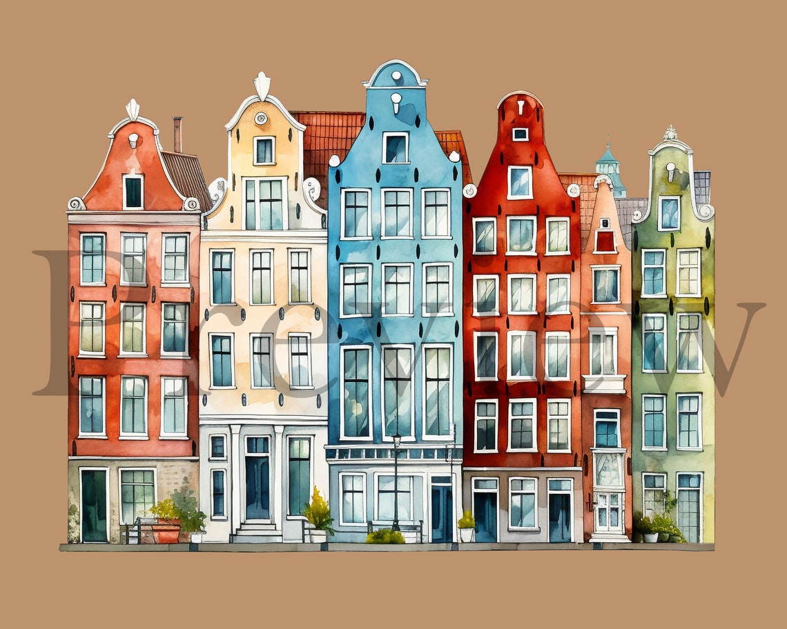 Watercolor Dutch Houses Clipart Amsterdam Colorful Buildings PNG ...