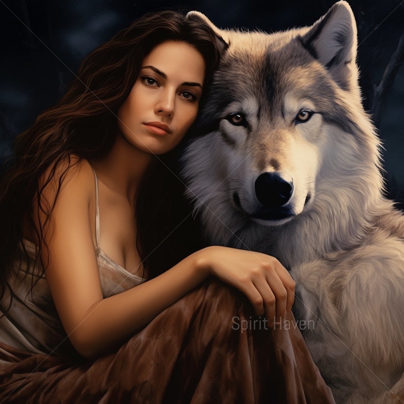 The Spirit Wolf and Woman Artwork Girl With Wolf Mystical - Etsy