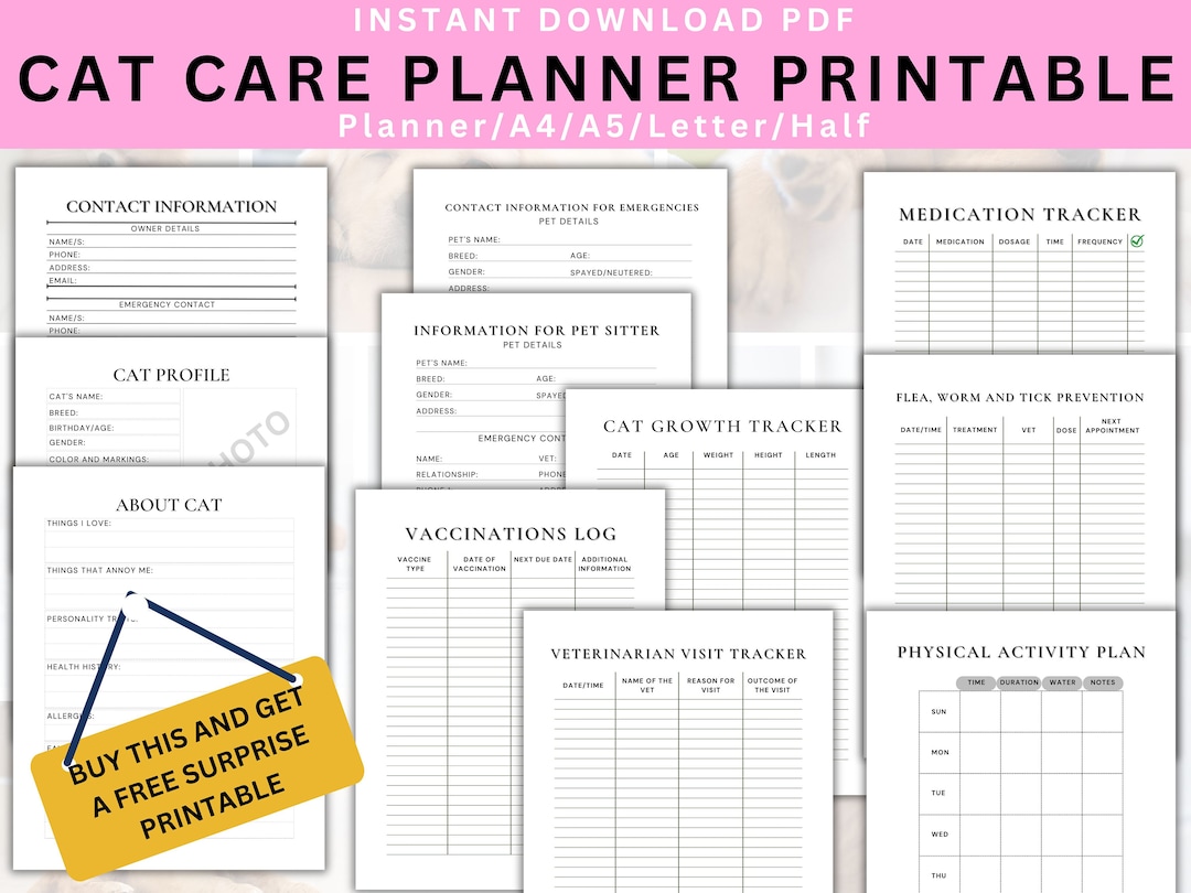 Cat Care Planner–printable Bundle for Cat Lovers–health & Wellness Log ...