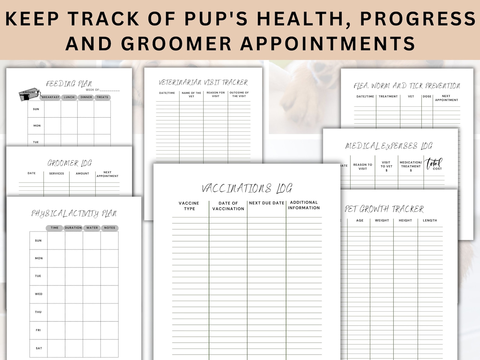 Pet Care Binder for Puppy Owners-complete Planner, Vaccination Tracker ...