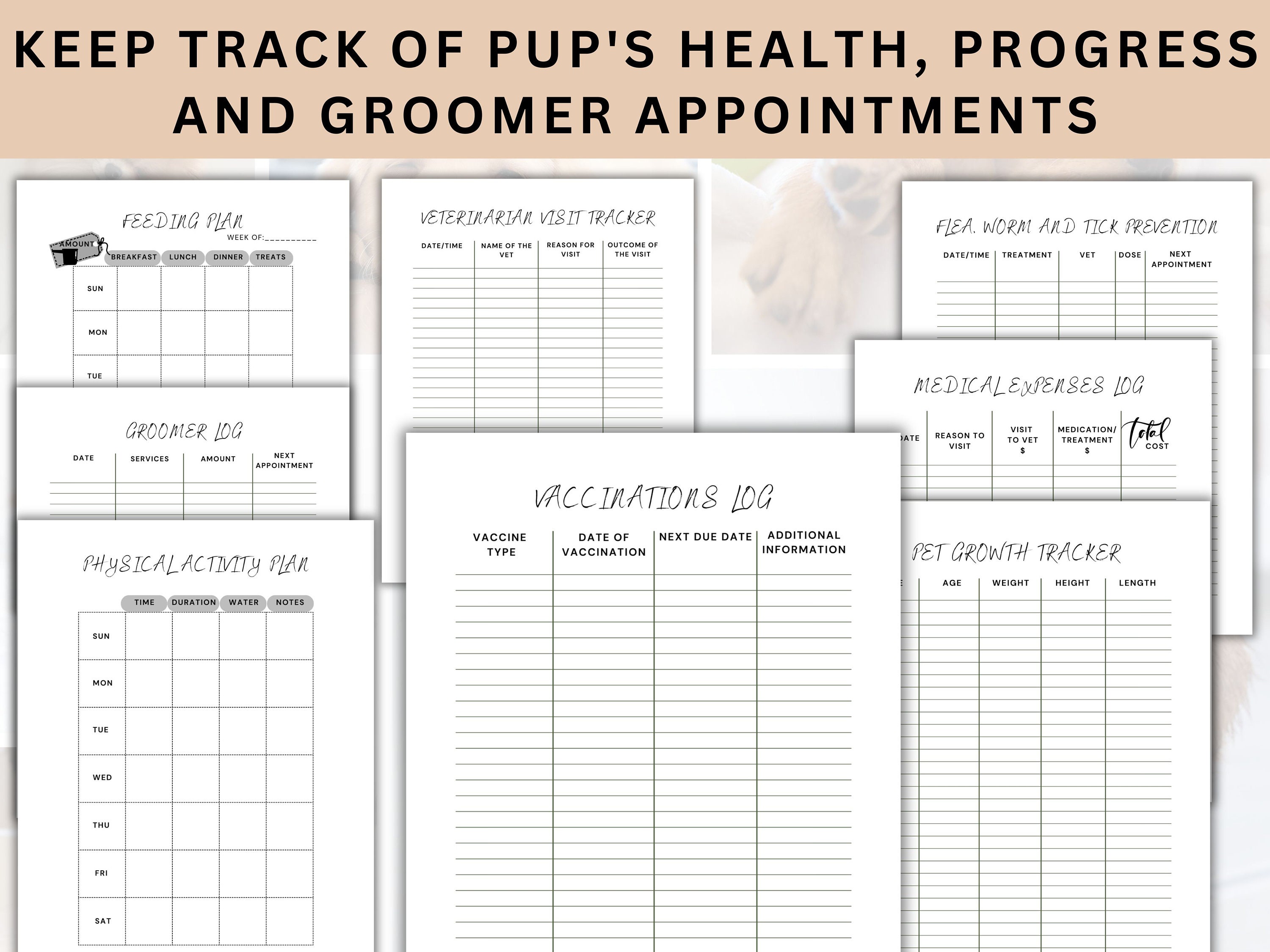 Pet Care Binder for Puppy Owners-complete Planner, Vaccination Tracker ...