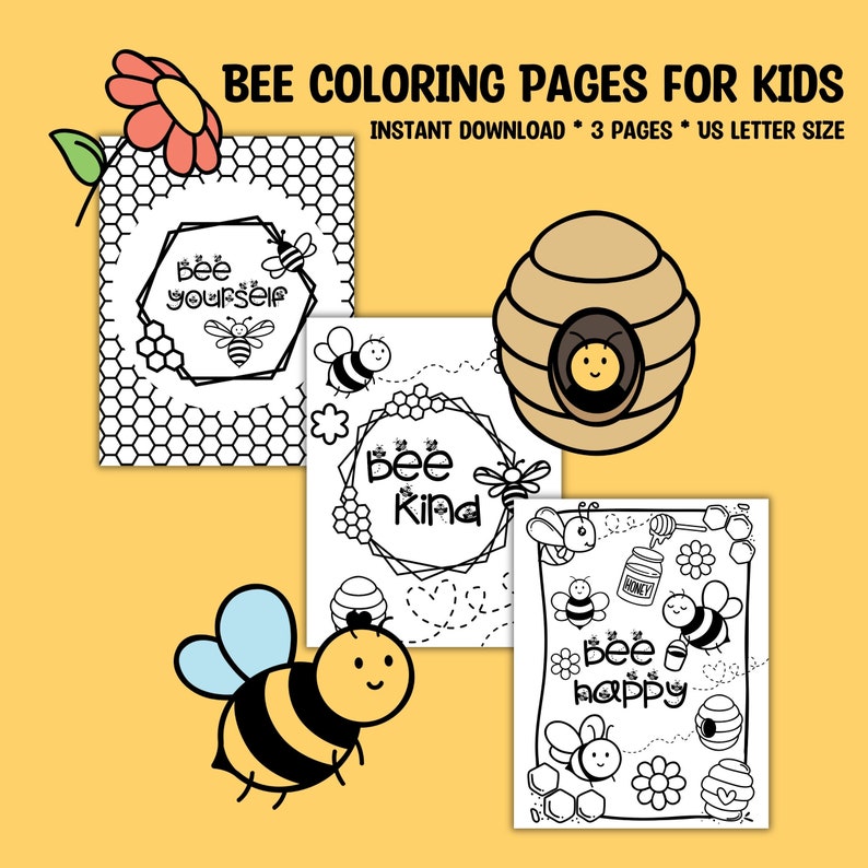 Printable Bee Coloring Pages for Kids Bee Happy Bee Kind - Etsy
