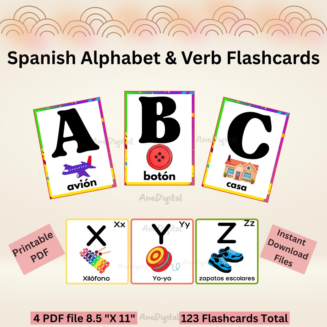 Spanish Alphabet Flashcards: School Objects, Uppercase Letters (2 PDF ...