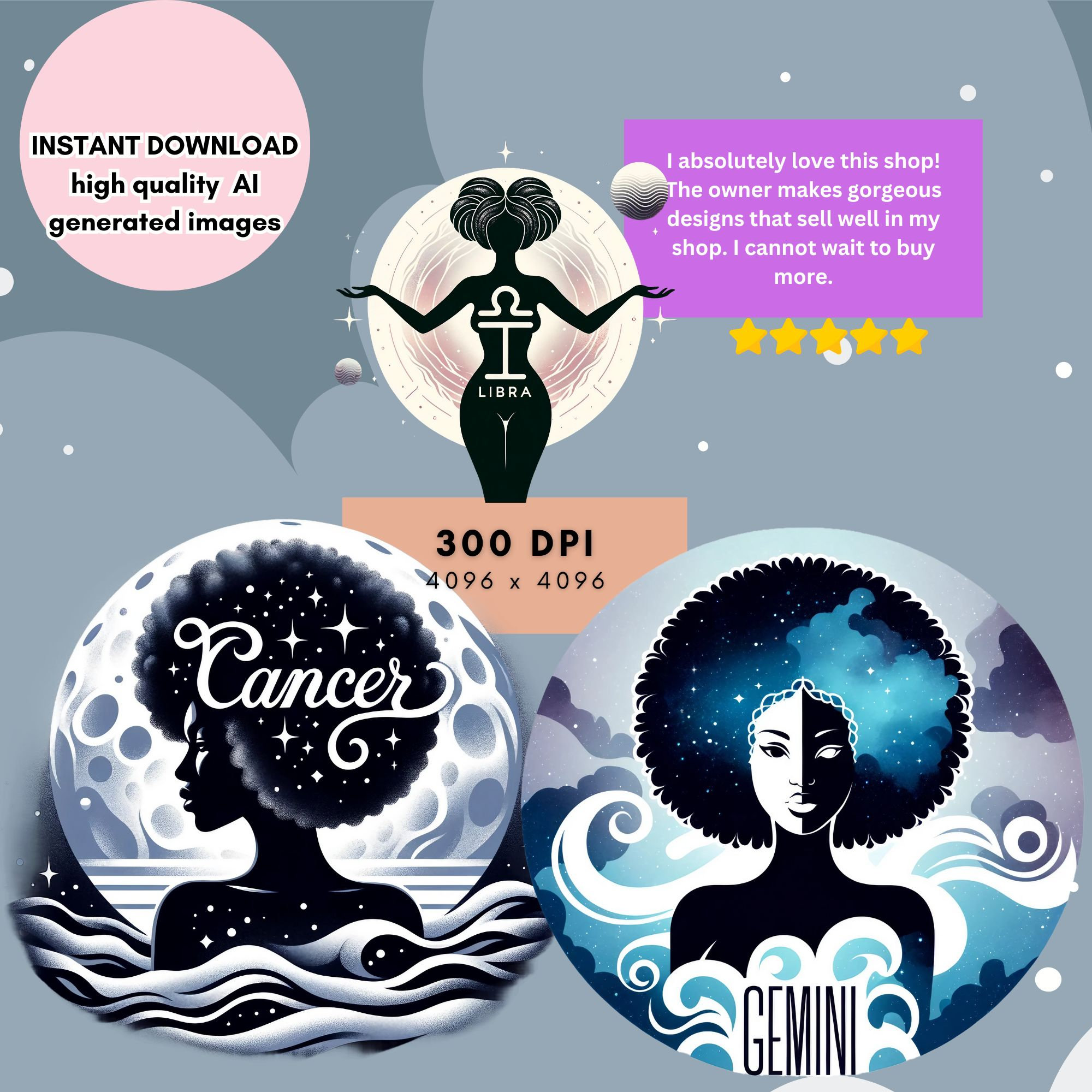 Black Girl Celestial Star Sign Zodiac Clipart Bundle Astrology Sublimation Instant Download PNG ...