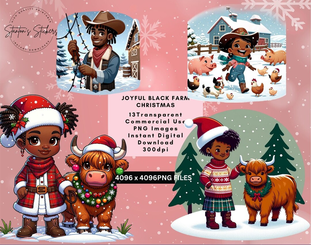African American Christmas Clipart Bundle: Farm Animals, Kids (digital ...