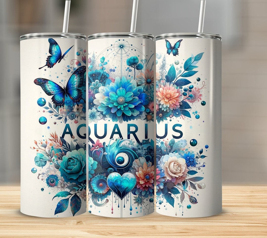 Aquarius Zodiac Tumbler Wrap: Floral Astrologer Design (PNG Digital ...