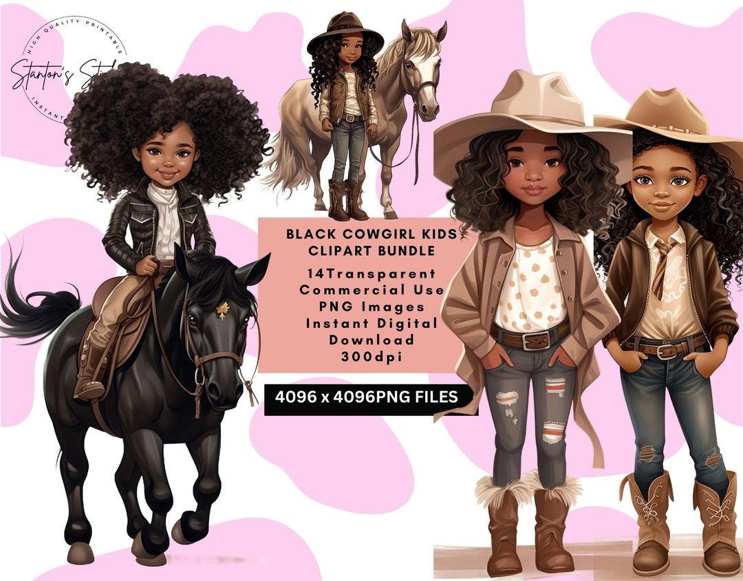 Black Cowgirl Kids Western Clipart Bundle Transparent Background ...
