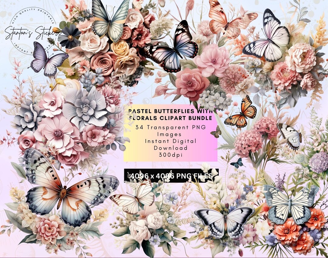 Watercolor Butterfly Clipart Set: Pastel Floral PNG Bundle - Etsy