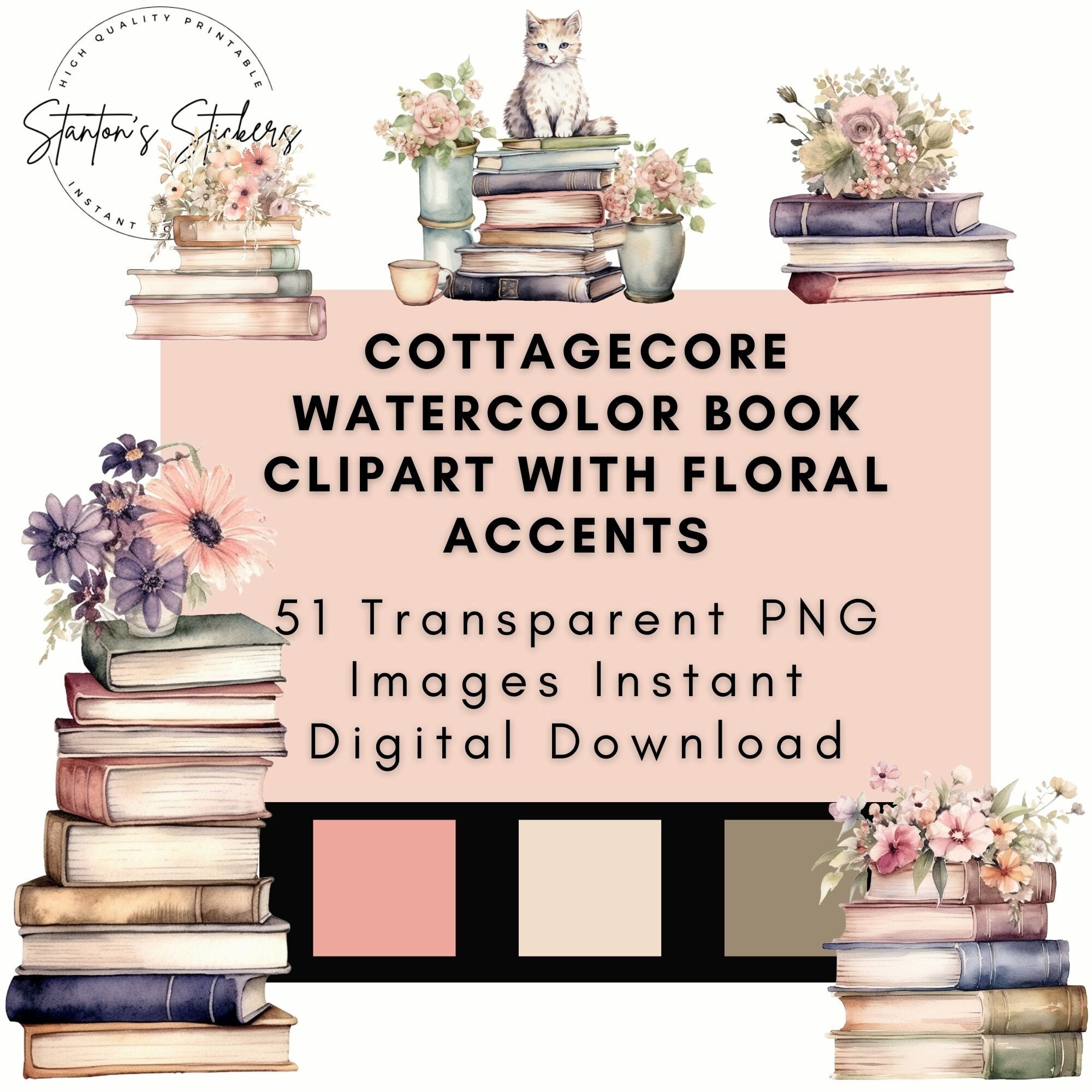 Cottagecore Book Bookworm Clipart Bundle Transparent Background Instant ...