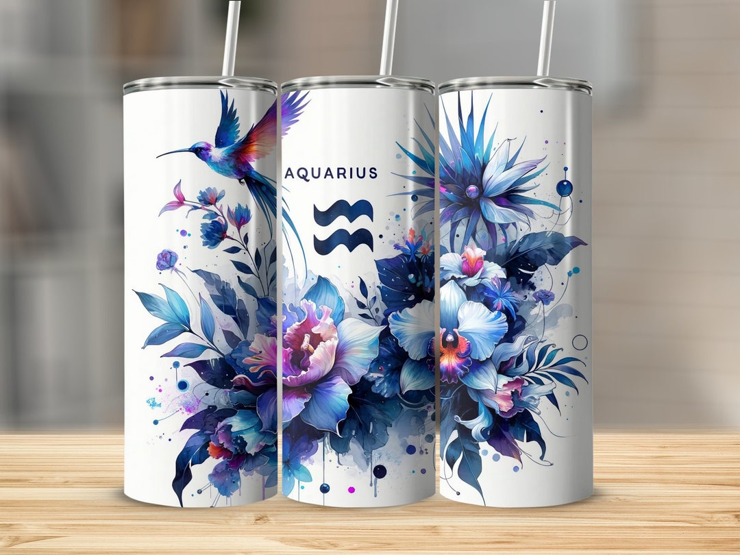 Aquarius Zodiac Tumbler Wrap: Floral Watercolor Design (PNG Digital ...