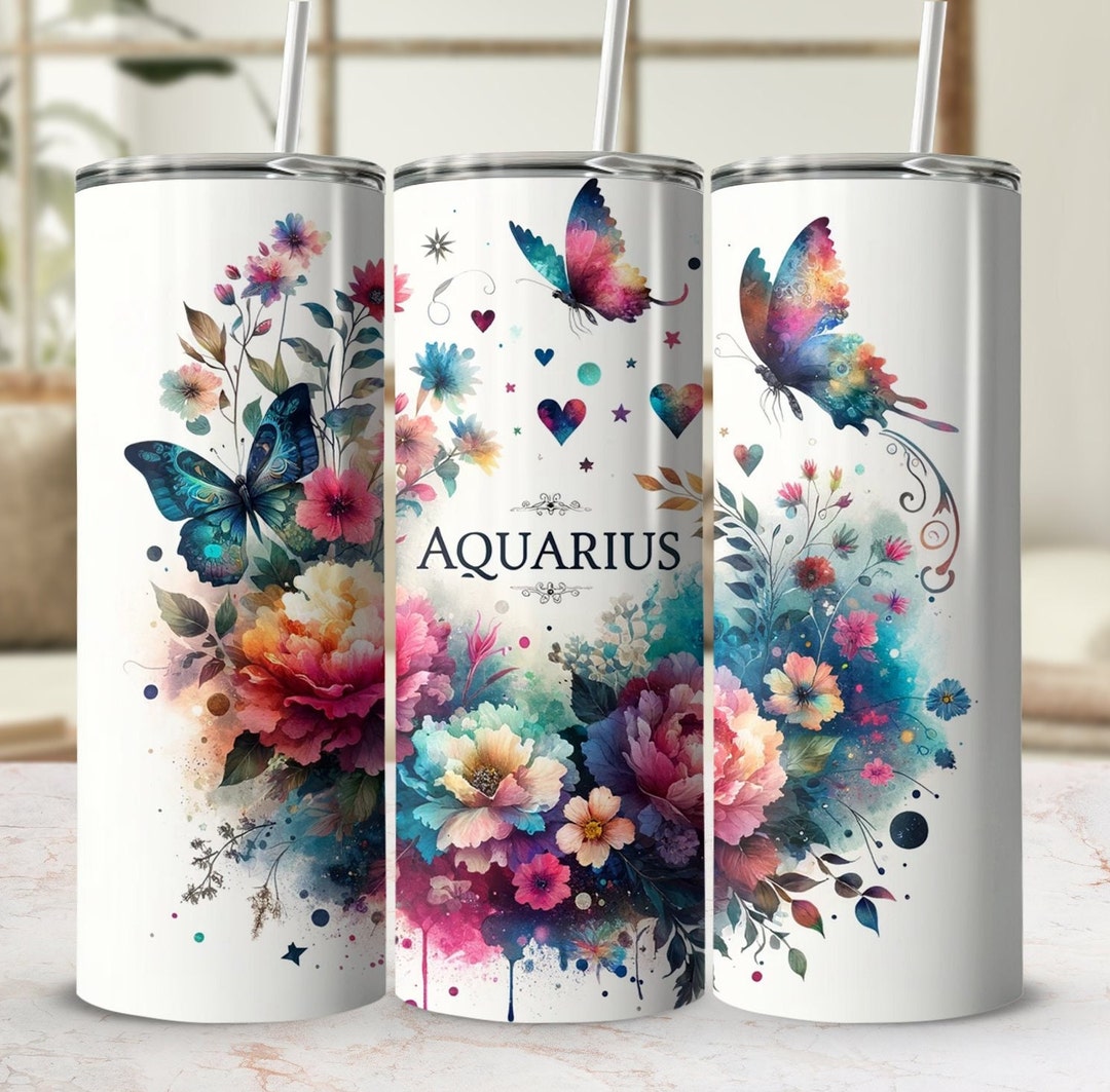 Aquarius Zodiac Tumbler Wrap: Floral Butterfly Design (PNG Digital ...
