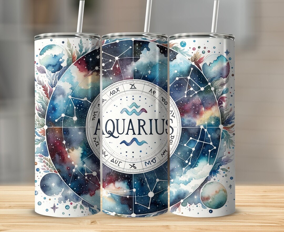 Aquarius Zodiac Tumbler Wrap: Watercolor Celestial Design (PNG Digital ...