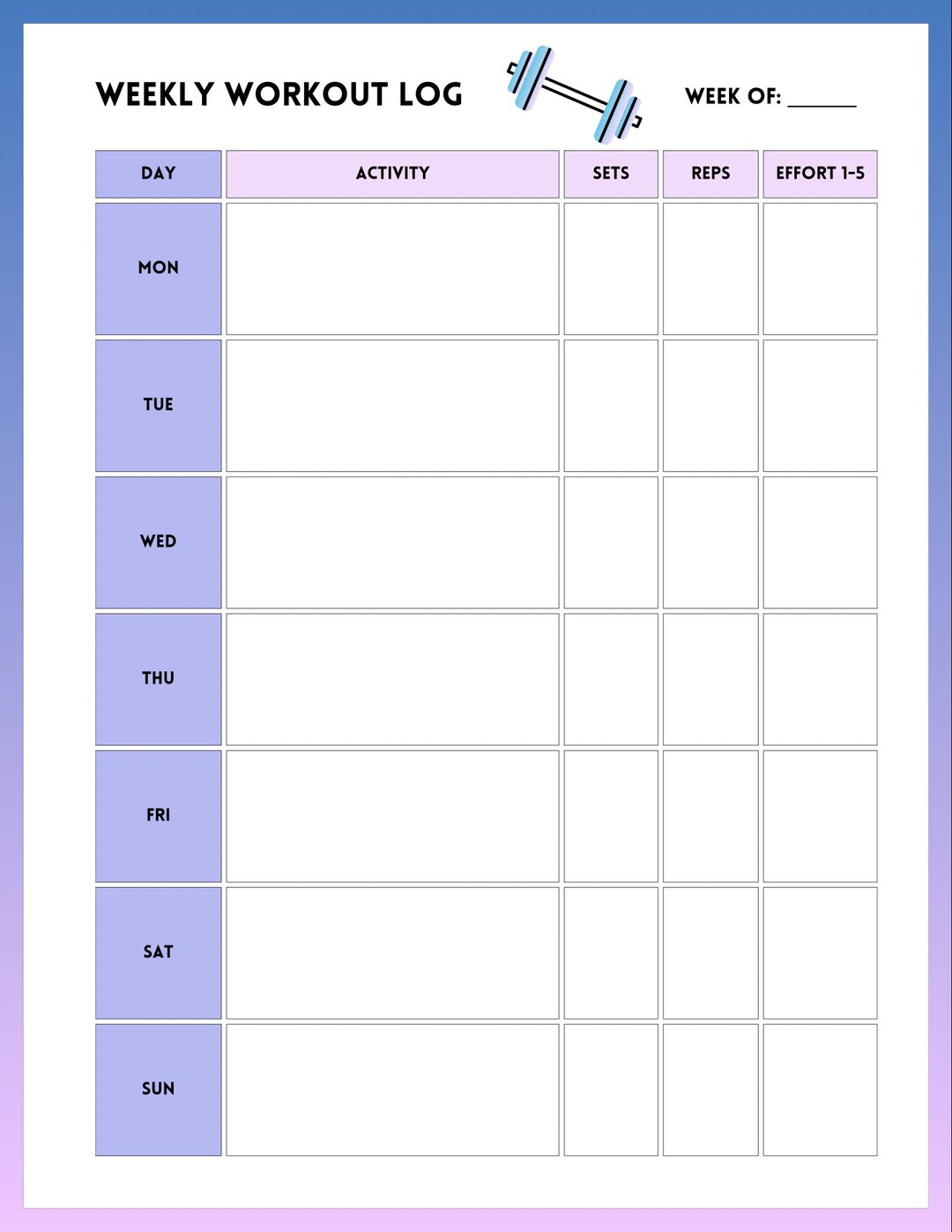 Weekly Workout Log - Etsy