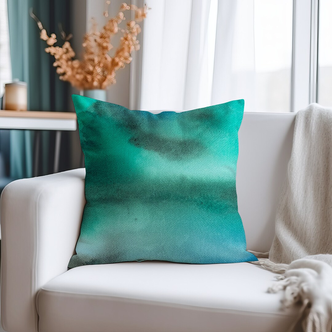 Abstract Blue Teal Green Black Square Pillow Modern Minimalist ...