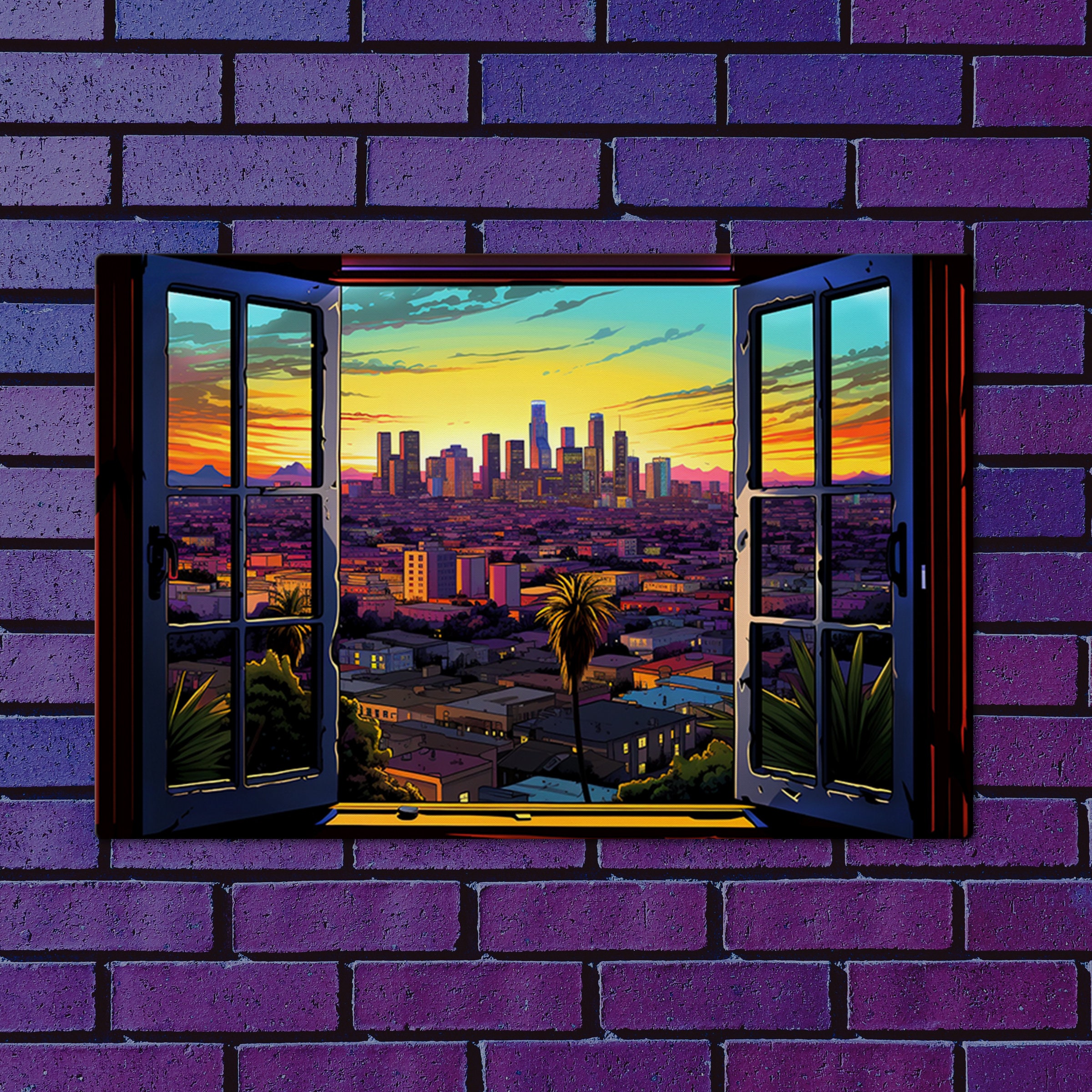 Pop Art City 3D Window View Art Los Angeles, Cartoon Style Portrait Pop ...