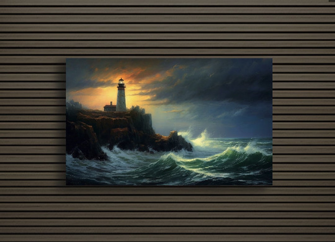 Beacon on the Rocky Shoreline Canvas Wall Art | Lighthouse Rocky Coast ...