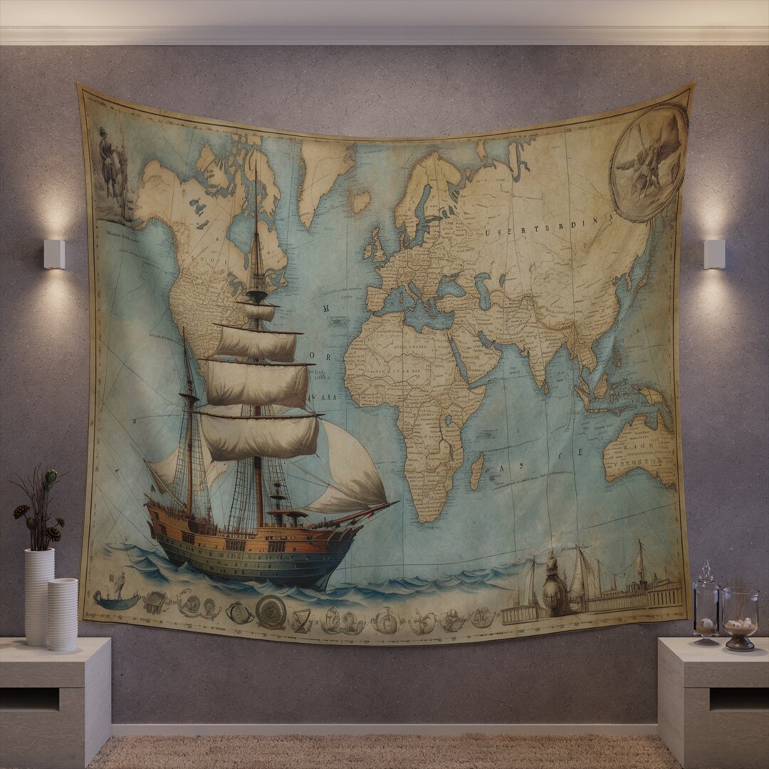 Seafarer's Vision Wall Tapestry | Antique Vintage Sailing Ship World ...