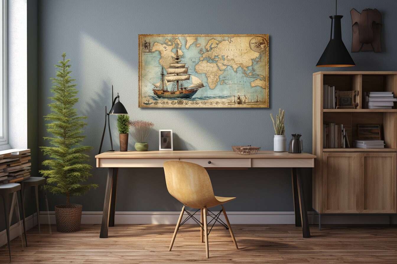 Nautical Adventure: Sailing Ship and Vintage Map | Antique Style Old ...