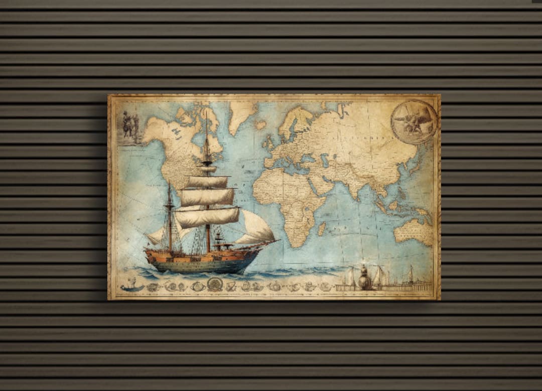 Nautical Adventure: Sailing Ship and Vintage Map | Antique Style Old ...