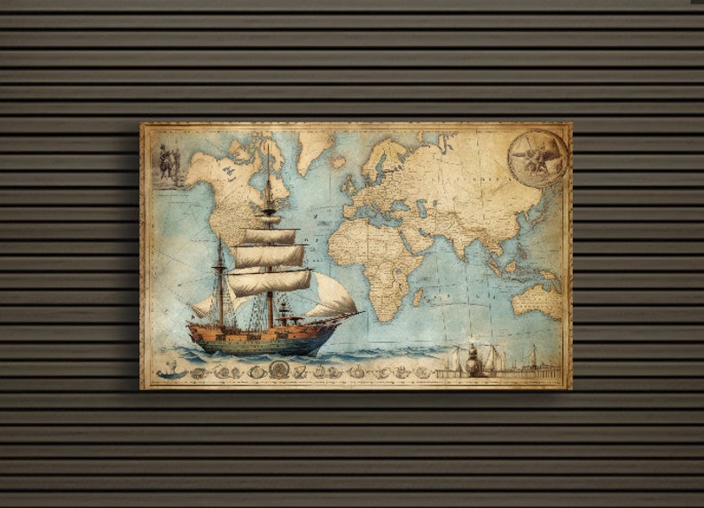 Nautical Adventure: Sailing Ship and Vintage Map | Antique Style Old ...