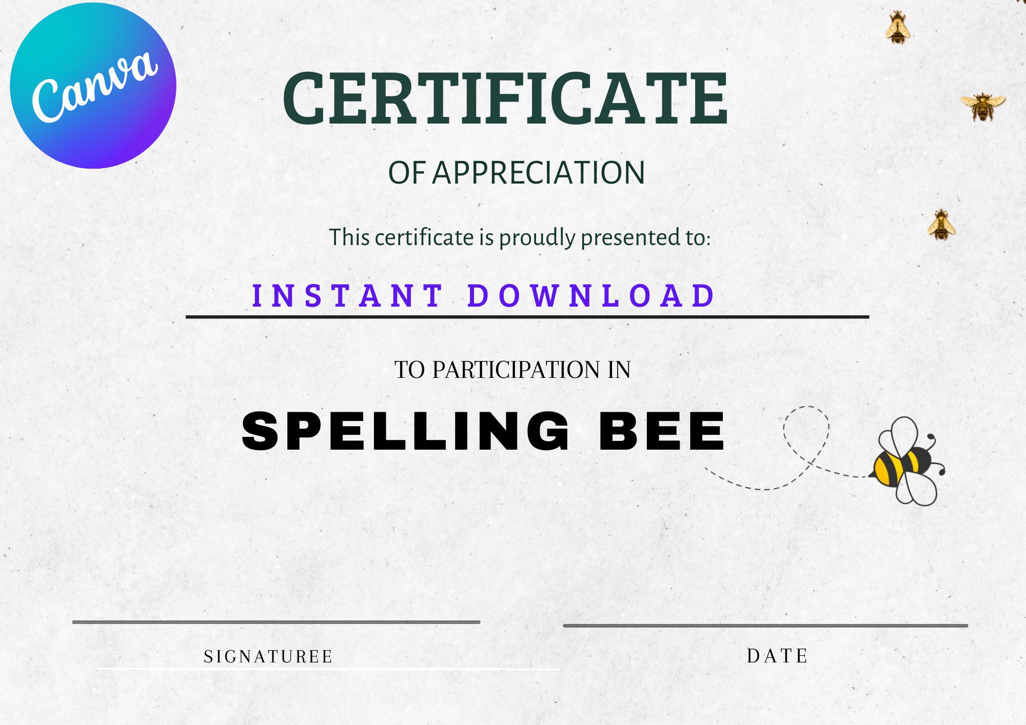 Spelling Bee Certificate Instant Download, Spelling Certificate ...