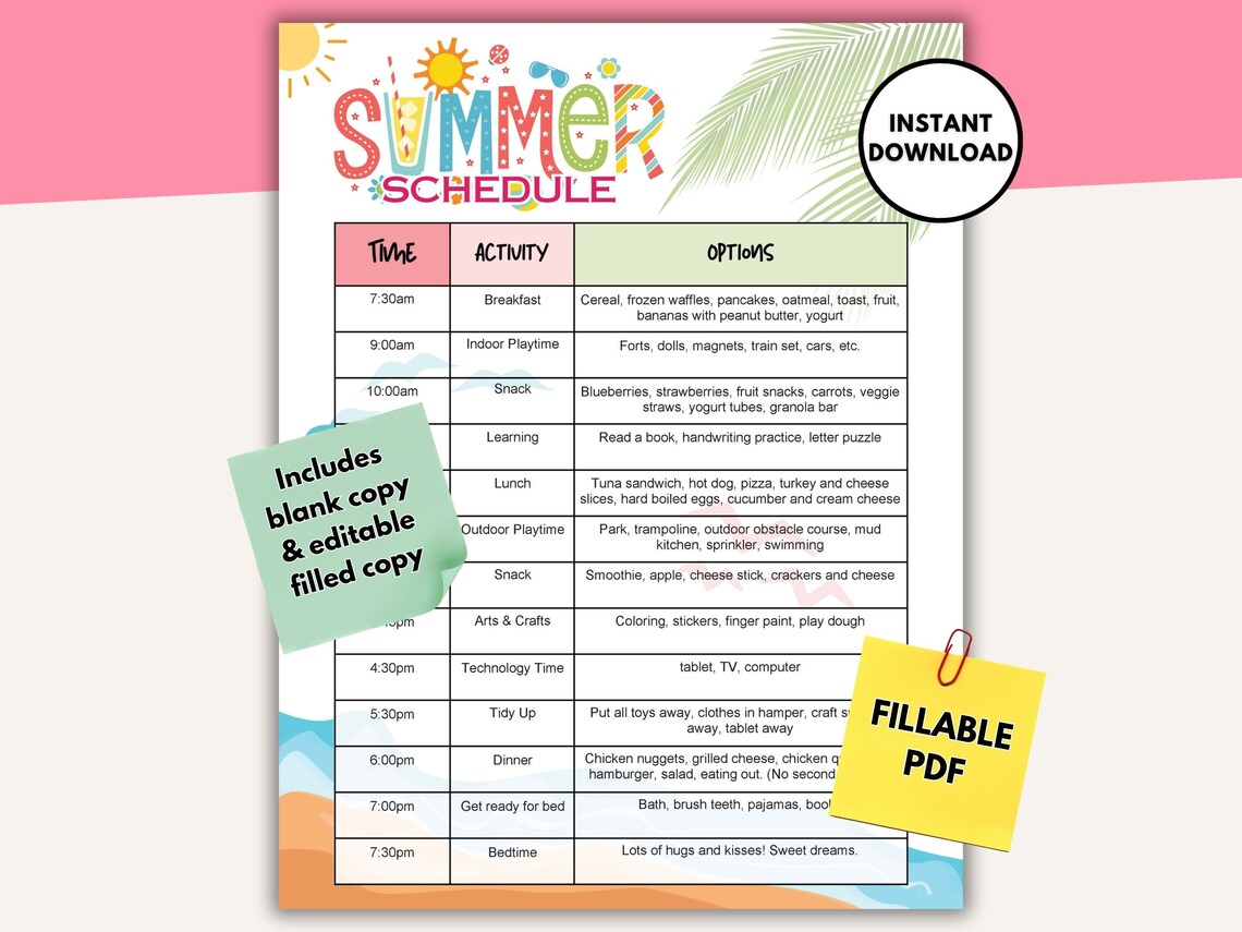 Summer Schedule Editable PDF, Summer Bucket List, Summer Checklist ...