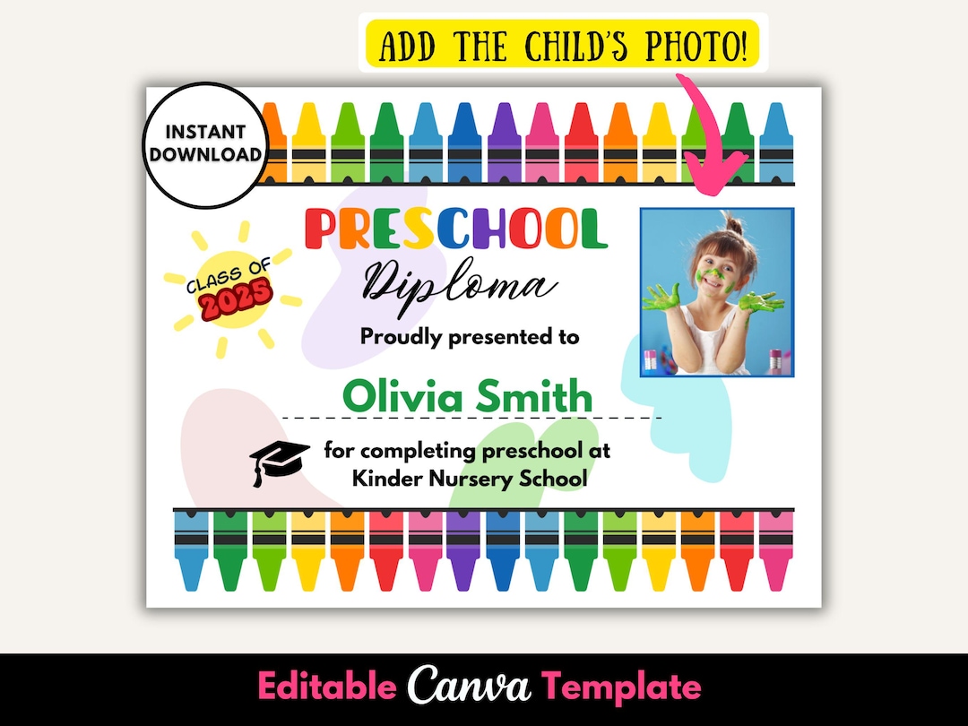 2025 Pre-k Photo Graduation Certificate, Preschool Diploma With Photo ...