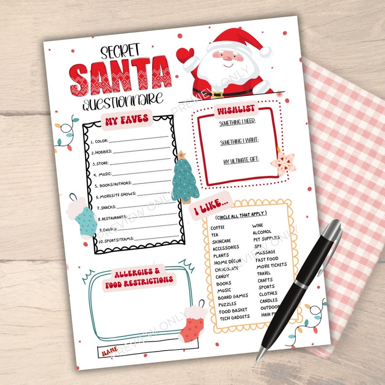 Secret Santa Questionnaire Printable, Christmas Party, Family Secret ...