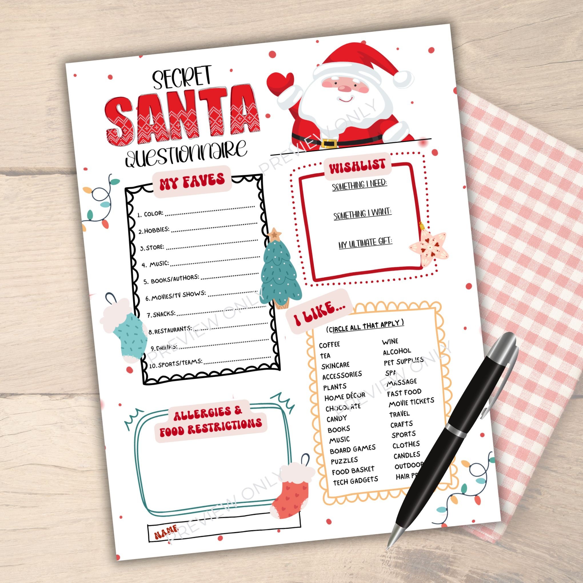 Secret Santa Questionnaire Printable, Christmas Party, Family Secret ...