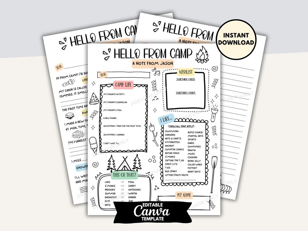 Editable Camp Letters, Fill-in-the-blank Camp Stationery, Printable ...