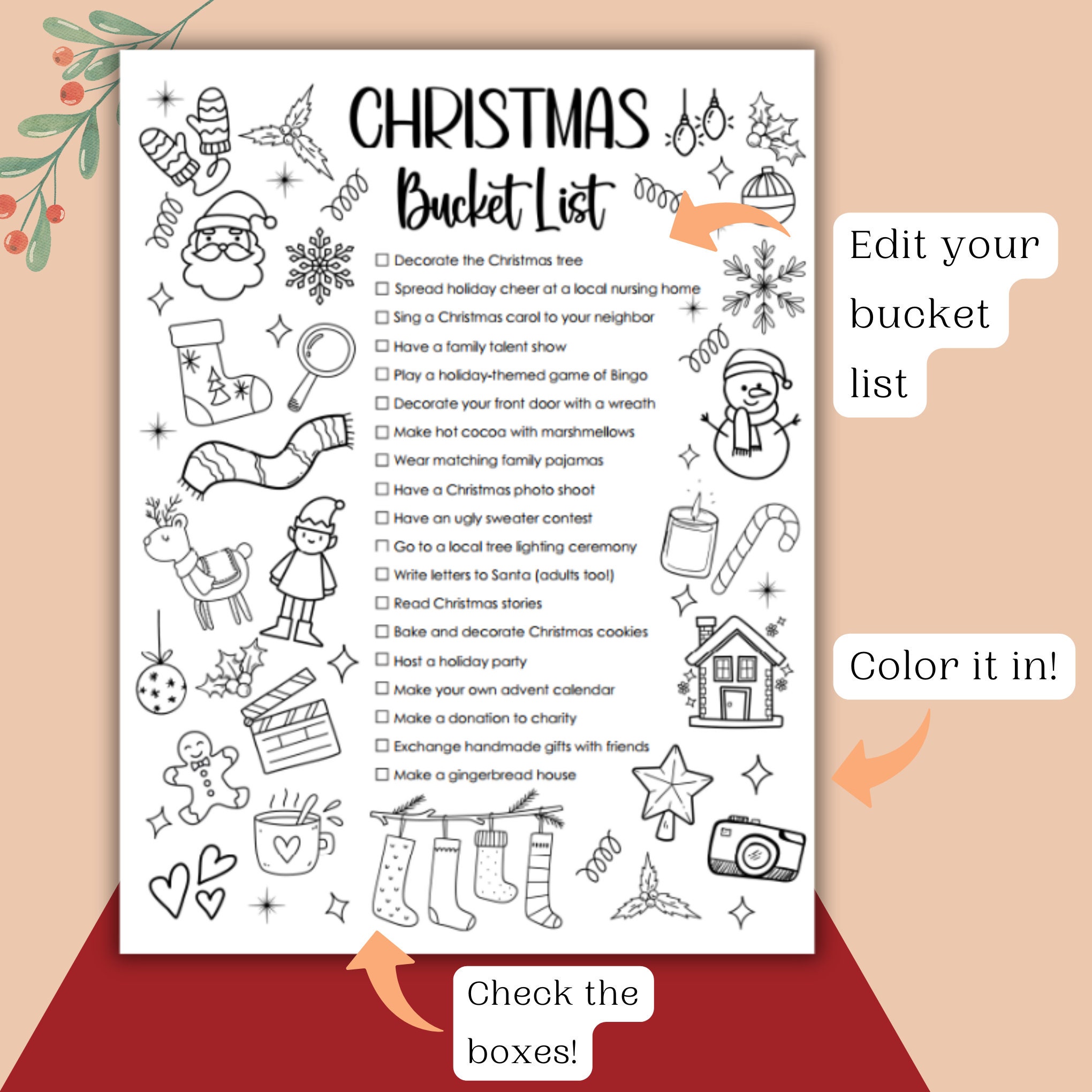 Christmas Bucket List Printable, Christmas Coloring, Christmas ...