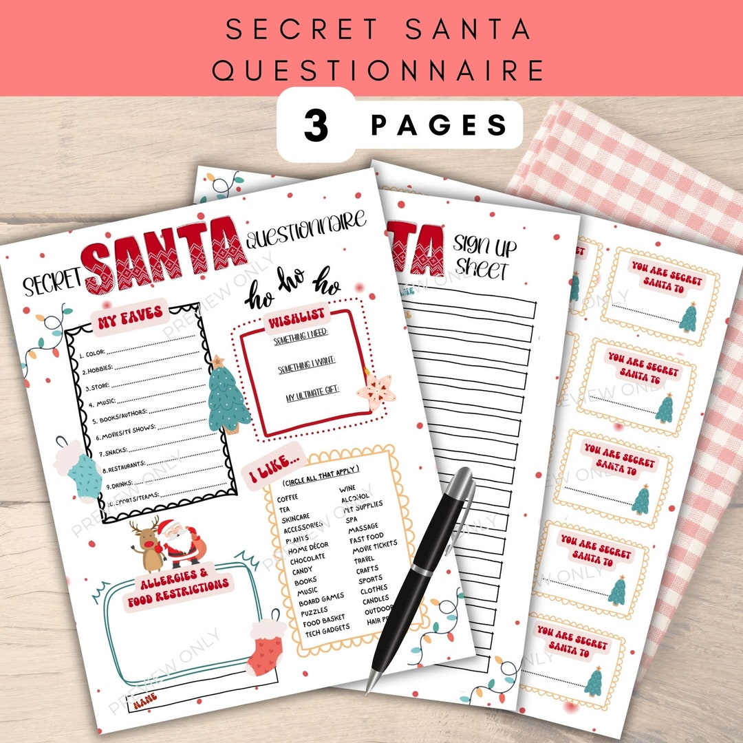 Secret Santa Questionnaire Printable, Christmas Party, Family Secret ...
