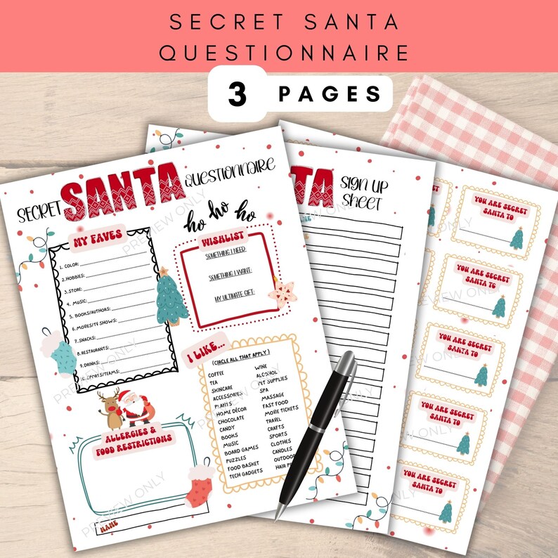 Secret Santa Questionnaire Printable, Christmas Party, Family Secret ...