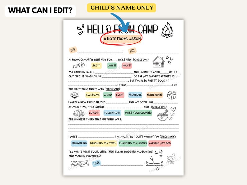 Editable Camp Letters, Fill-in-the-blank Camp Stationery, Printable ...