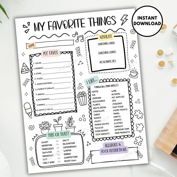 My Favorite Things Sheet - Etsy